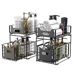 Under Sink Organizers and Storage - 2 Pack Metal Under Cabinet Organizers with Sliding Drawers,Folding Under Sink Organizer for Cabinet, Bathroom, Kitchen, Closets, Bedroom and Offices (Black)