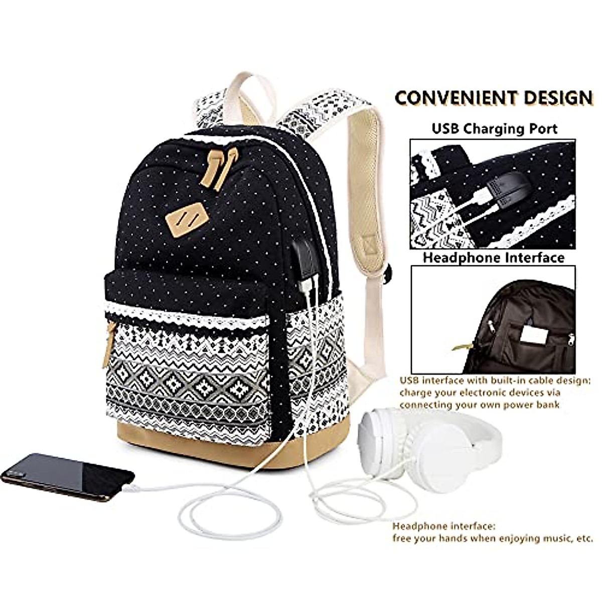 Leaper Geometric Laptop Backpack School Bag Lunch Bag Pencil Bag 3 in 1 Set Pink