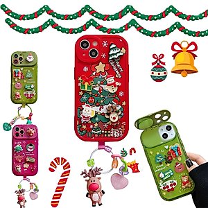 LELEBEAR Christmas Phone Case, Christmas Tree Pendant Flip Mirror Case Cover Suitable for iPhone 15 14 13 12 Series (Holiday red, 14PRO MAX)