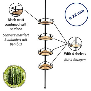 WENKO Dolcedo Corner Bamboo and Stainless Steel Telescopic Bathroom Shower Shelf Height Adjustable with 4 Shelves, Black/Natural, 31 x 65-275 x 23 cm