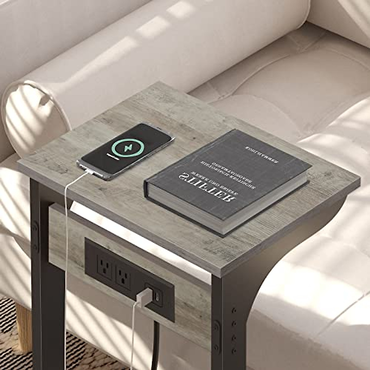 TUTOTAK C Shaped End Table with Charging Station, Tv Tray Table with 2 USB Ports and Outlets, Couch Table, Snack Table, Sofa Side Table for Small Spaces, Living Room, Bedroom TB01BG044