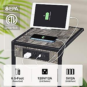 Set of 2 C Shaped End Table with Charging Station, Snack Side Table with Table with USB Ports & Power Outlets, C Tables for Couch, Couch Tables That Slide Under, for Living Room, Bedroom, Gray
