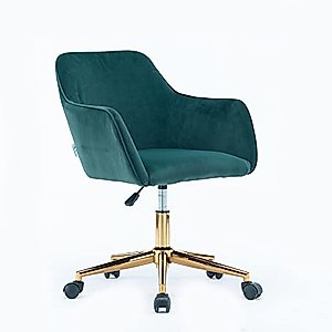 Home Office Task Chair with Velvet Fabric Material, Adjustable Height and 365 revolving, Swivel Shell Chair with Gold Metal Legs and Universal Wheels for Living Room, Bed Room and Office (Dark Green)