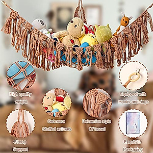 HKCDUUT Stuffed Animal Hammock, Macrame Boho Plush Toy Storage Net, Hanging Hammock for Stuffed Animals Pet, Wall Corner Toy Storage Holder Teddy Bear Net for Nursery Kids Bedroom, Caramel