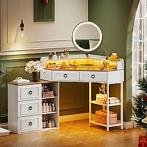 Lvifur Corner Vanity Desk with Mirror and Lights,White Corner Makeup Vanity with Charging Station, 3 Color Led Light Settings, 5 Drawers, and Open Shelves for Bedroom, Women, and Girls