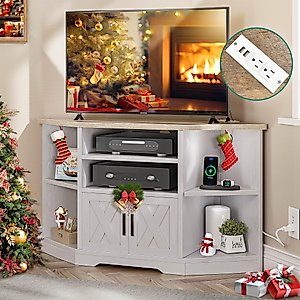 YITAHOME Corner TV Stand for TV Up to 55 Inch with Power Outlet, Farmhouse TV Console w/Adjustable Storage Shelf, Entertainment Center for Living Room,Bedroom, Grey White & Grey Wash, 47 inches