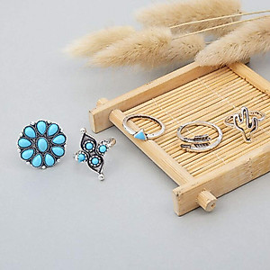 Flosy Vintage Turquoise Finger Rings Set Flower Ring Stackable Joint Midi Knuckle Ring Jewelry for Women and Girls (Silver 5)
