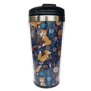 NVJUI JUFOPL Fox Flower Travel Coffee Mug for Men Women, With Flip Lid, Stainless Steel, Water Bottle Cup 15 oz