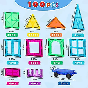 Magnetic Tiles Building Blocks, Magnet Toys for Kids, STEM Approved Educational Toys,3D Magnet Puzzles Stacking Blocks for Boys Girls,100 PCS Advanced Set with 2 Cars…