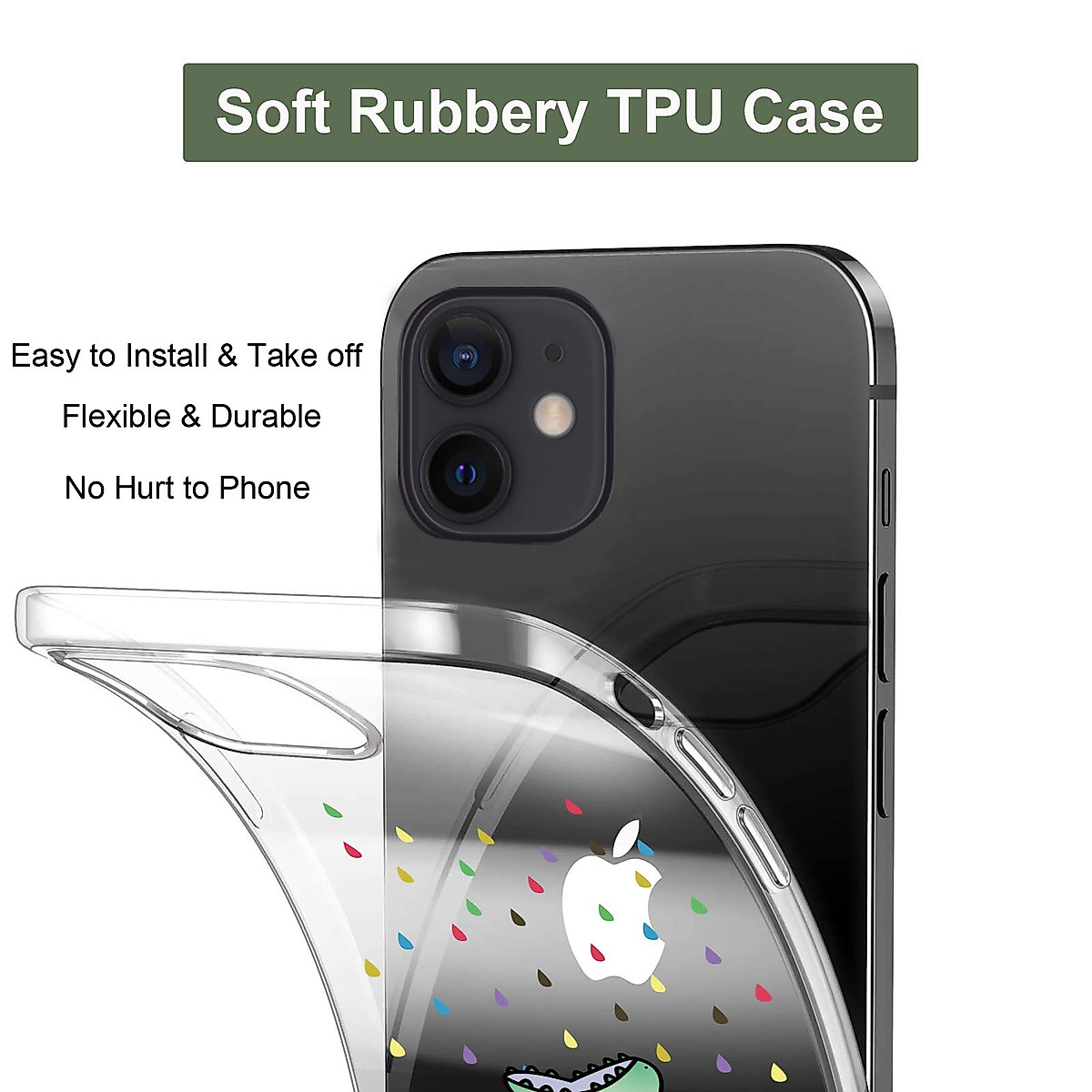 Unov Case Compatible with iPhone 12 Mini Case Clear with Design Slim Protective Soft TPU Bumper Embossed Pattern 5.4 Inch (Rainbow Dinosaur)
