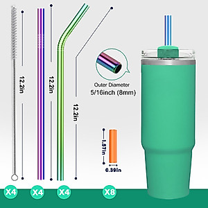 Stainless Steel Straw Replacement Fits for Stanley Adventure Travel Tumbler and Simple Modern 40 oz Tumblers - 8 Reusable Metal Straws with Silicone Tips and 4 Cleaning Brushes (Rainbow)