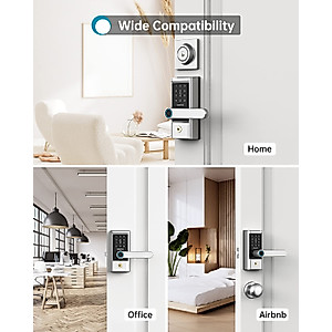 Smart Lock Keyless Entry Door- HEANTLE Fingerprint Bluetooth Electronic Lever Touchscreen Keypad Deadbolt Alternative Digital Handle for Front Door Auto Lock Compatible with Alexa Silver