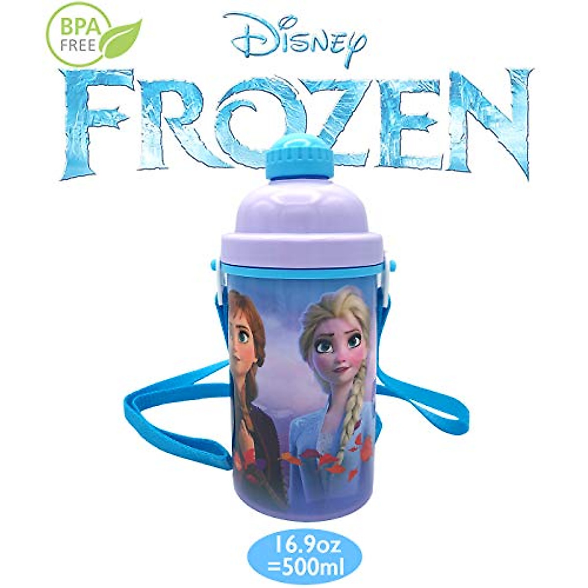 Zak Designs Disney Frozen One Touch Button Water Bottles with Reusable Built in Straw, Carrying Strap - Safe Approved BPA Free, Easy to Clean, for Kids Girls Boys, Goodies Home Travel