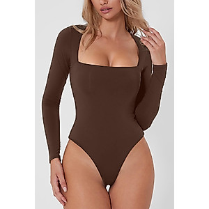 QINSEN Sexy Bodysuit for Women Square Neck High Cut Thong Tops Long Sleeve Shirt Coffee Bean XL