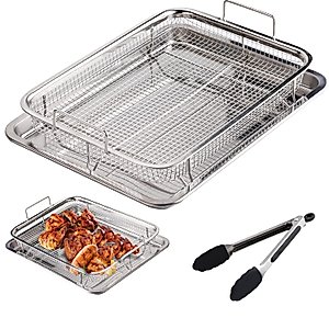 Stainless Steel Air Fryer Basket for Oven, Air Fryer Crisper Tray & Basket with Tongs, 12.8" x 9.6" x 2.3" Oven Air Fry Mesh Basket Set, Oven Air Fryer Basket Set for Chicken/Roasting/French Fry