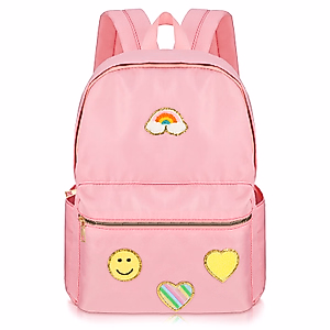 Pink Lightweight Backpack Preppy Patches Nylon Backpack Rainbow Heart Smile Waterproof Travel Bag Pack for Girls and Students Back to School
