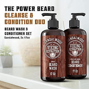 Beard Wash & Beard Conditioner Set w/Argan & Jojoba Oils - Softens & Strengthens - Natural Sandalwood Scent - Beard Shampoo w/Beard Oil (17 oz)