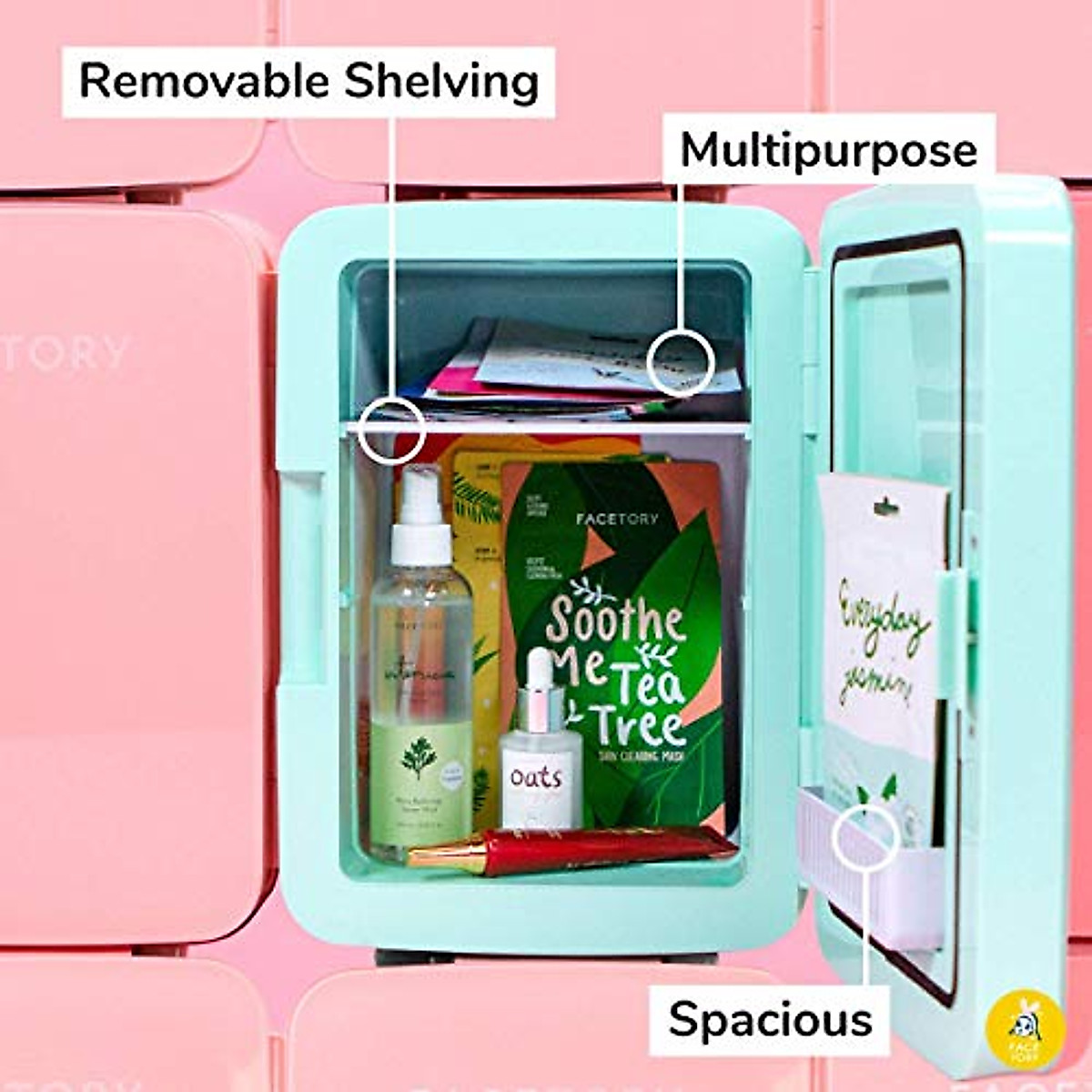 FACETORY Portable Mint Beauty Fridge (10-L / 12 Can) with Heat and Cool Capacity