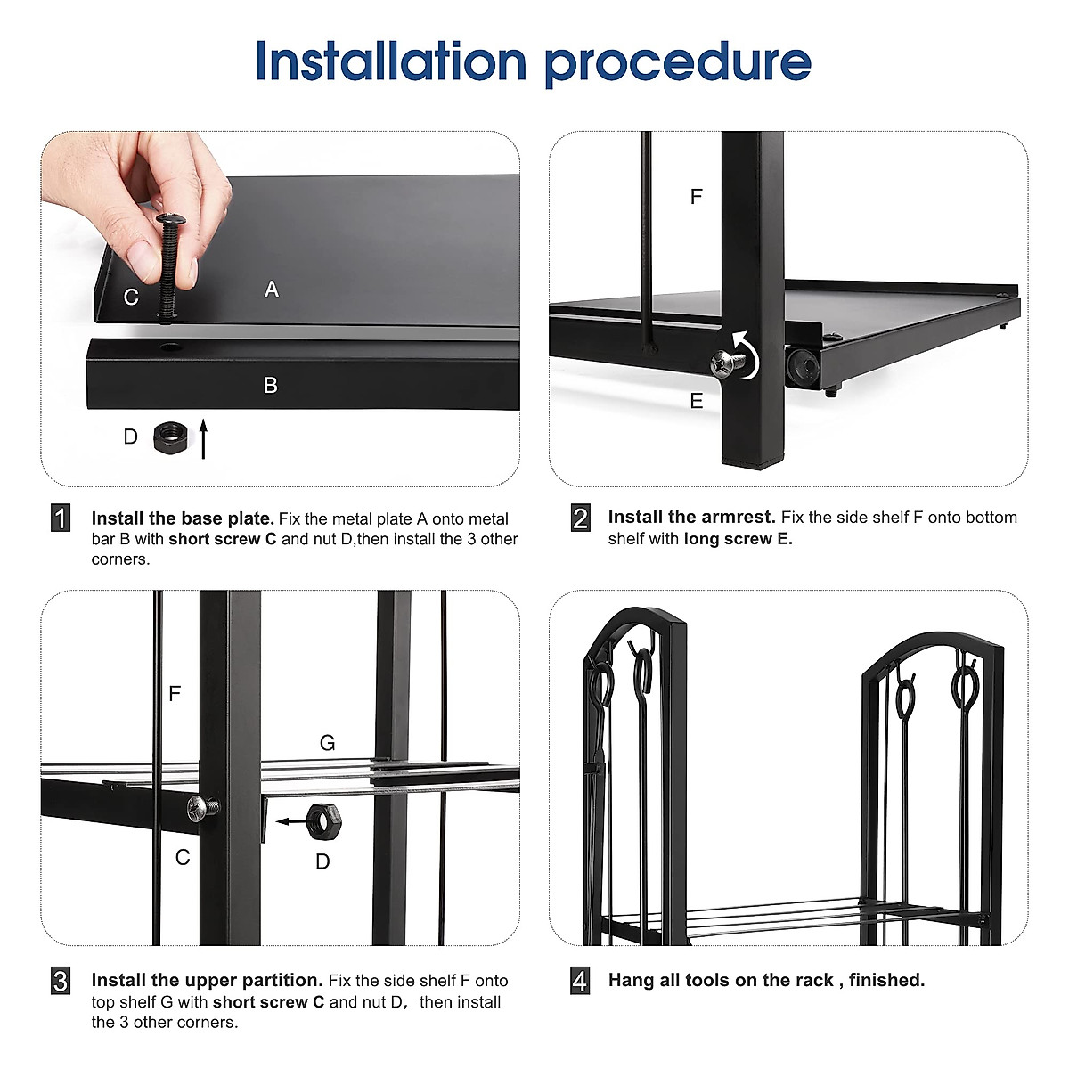 Delxo Fireplace Rack Indoor with 4 pcs Fireplace Tools Fire Pits Tools for Outdoor Log Holder Wood Stove Accessories Black Fireplace Log Rack Wrought Iron Logs Bin Holder for Fireplace Tool Set