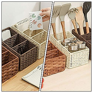 DOITOOL Wicker Storage Basket with 3- Compartment Magazine Hyacinth Basket Weave Organizer Baskets Desktop Storage Box Sundries Container Desk Basket Bins for Bathroom Office
