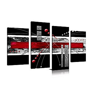 YPY Large Black Red Canvas Wall Art - 4 Panels Modern Abstract Picutre Set for Home Decoration - Contemporary Painting Artwork Ready to Hang Living Room Bedroom W48 x H36