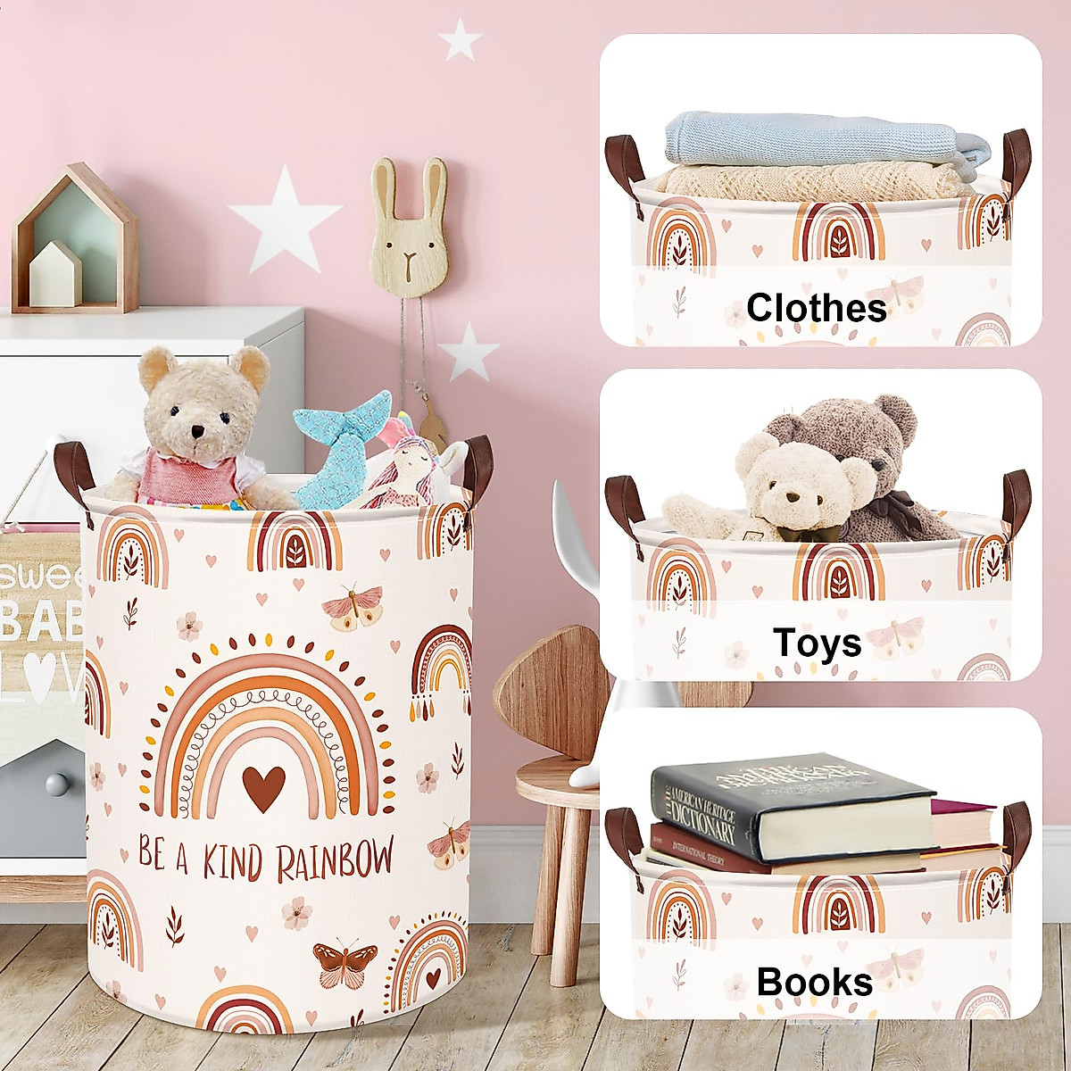 Clastyle 63L Boho Rainbow Laundry Basket for Girl Heart Butterfly Pink Kids Dirty Clothes Nursery Hamper Large Clothes Toys Storage Basket with Lid, 15.7x19.7 in