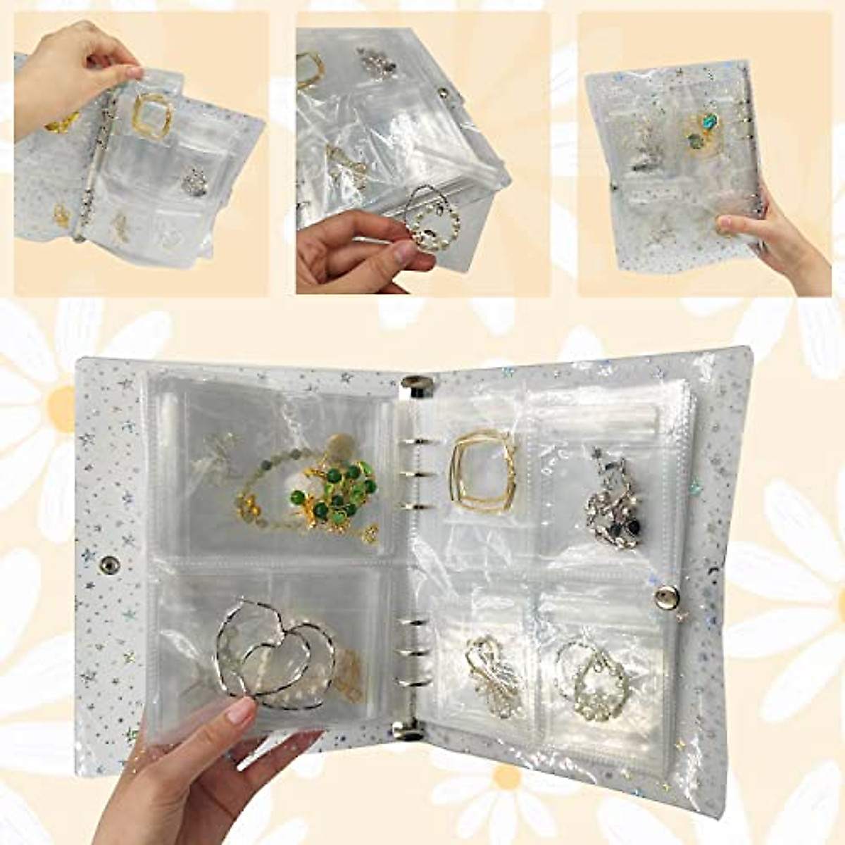 2Pcs Organizer Jewelry Storage Book Cases Container Portable Travel Storage Album for Ring, Earring, Necklace, Bracelets, Studs, Beads (2 A5 Cases, 100 Grids, 100 Thicken PVC Zipper Bags)