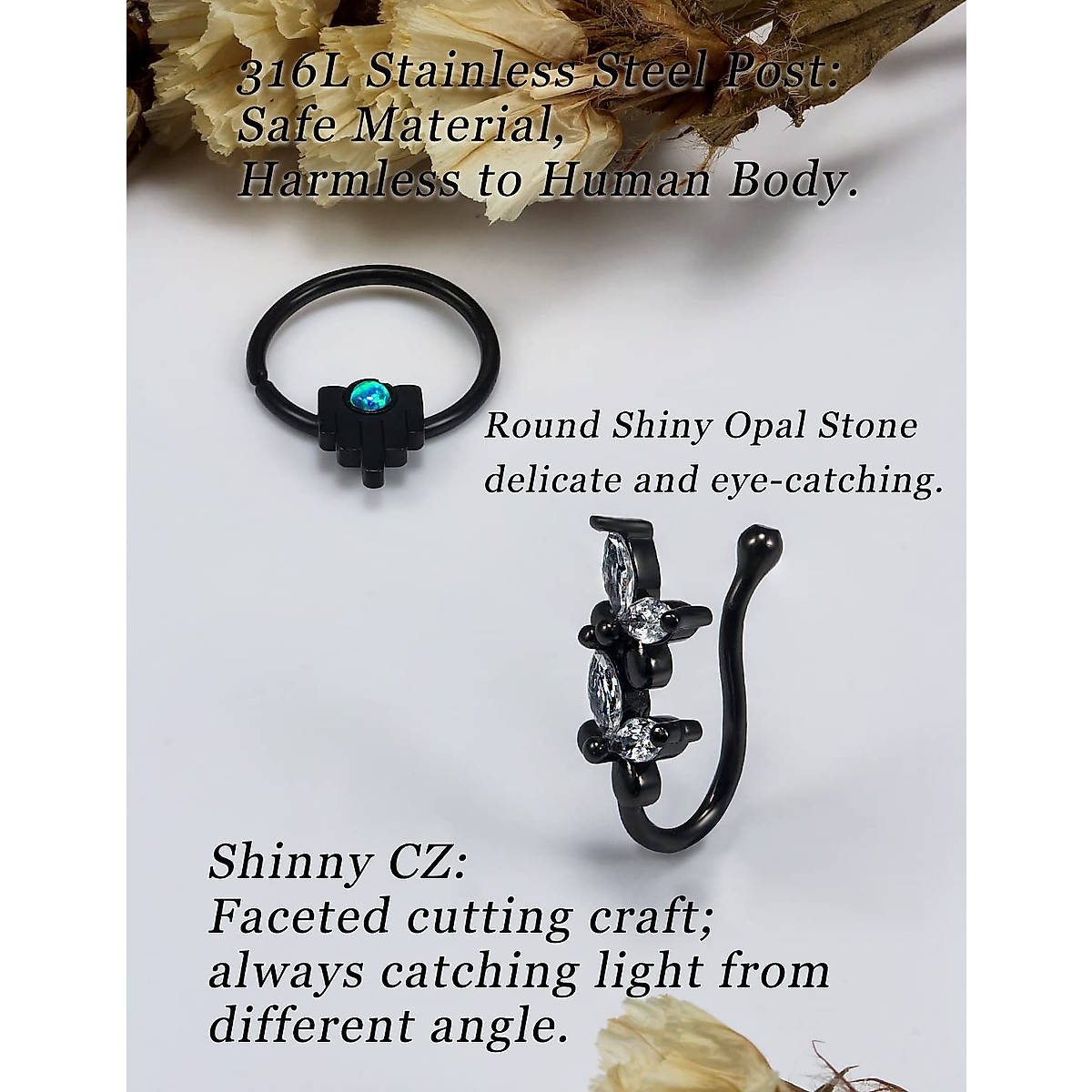 8Pcs 20G Nose Rings Hoop Chain Piercing Surgical Steel Fake Faux Nose Septum Ring Jewelry for Women Crystal Leaf Butterfly Rook Helix Cartilage Daith Piercing Jewelry,Black Nose Clip 8mm Cuffs