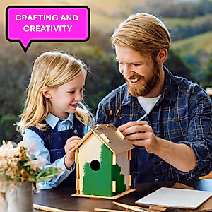 Neliblu DIY 12 Wooden Bird Houses - Creative Arts and Crafts Set for Kids and Adults - Unfinished Wood Birdhouse Kits with Paint Strips, Brushes, Stickers, and Strings - 3 Different Shapes, 2 Sizes
