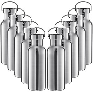 10 Pack 17oz Stainless Steel Sports Water Bottle Double Wall Insulated Bottle with Handle and Vacuum Seal Leakproof Lid for Cyclists Runners Hikers Beach Goers Picnics Camping Gift (Silver)