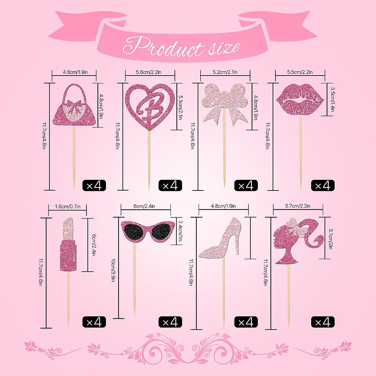 Biendo 32 PCS Glitter Pink Princess Cupcake Toppers Girl Cupcake Picks Handbag Glasses Bow Tie Lipstick High Heel Cake Decorations for Girl Princess Theme Bridal Shower Wedding Birthday Party Supplies