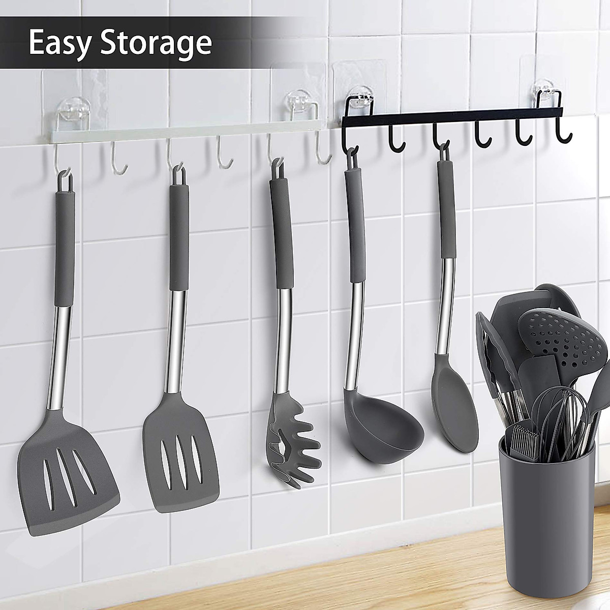 LIANYU 15-Piece Cooking Kitchen Utensils Set with Holder, Silicone Kitchen Tools Stainless Steel Handle, Slotted Spatula Spoon Turner Tong Whisk Brush for Cooking, Gray