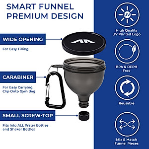 Protein Powder Funnel Set - Sleek Water Bottle Funnel for Powder Supplement with Cleaning Brush & Carabiners - No-Mess, Portable Protein Powder Container to Go for Workout, Fitness, Travel - 4 Pack