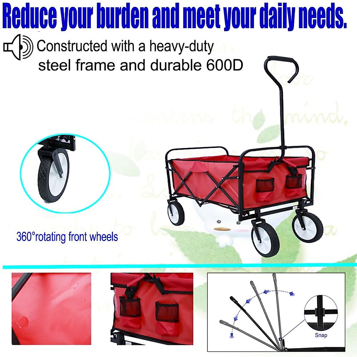 Collapsible Folding Wagon, Heavy Duty Utility Beach Wagon Cart with Side Pocket, Large Capacity Foldable Grocery Wagon for Garden Sports Outdoor Use (Red)