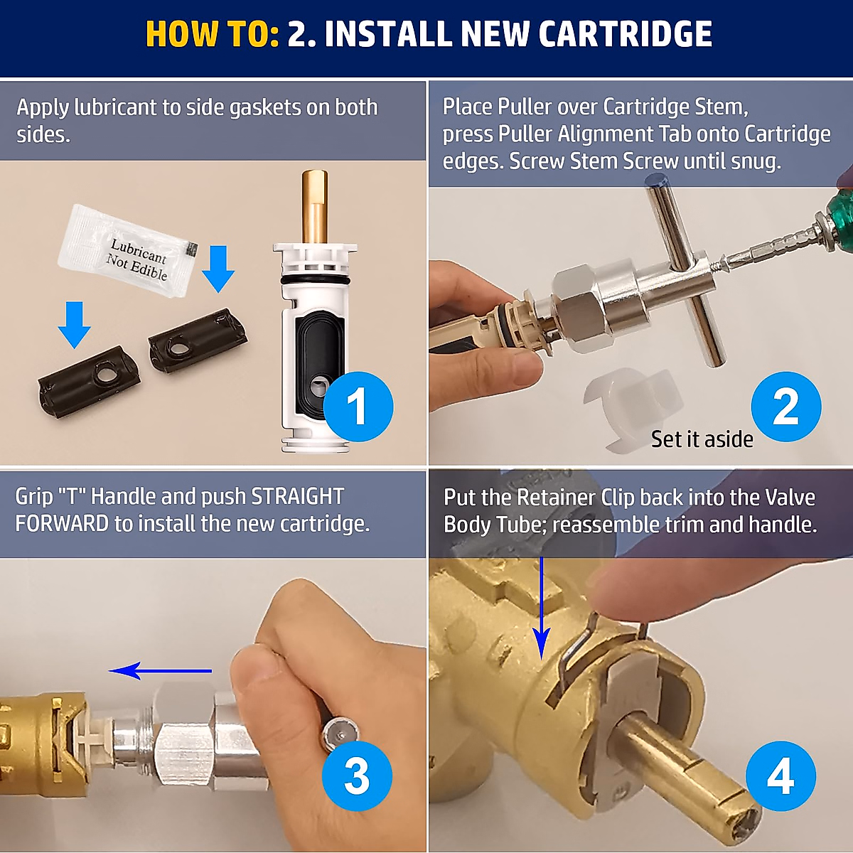 Replacement Cartridge for 1222 with Puller & Retainer Clip, Tub and Shower Repair Kit for One Handle Faucet, Bathtub Shower Valve Parts and Removal Tool, Brass and Plastics
