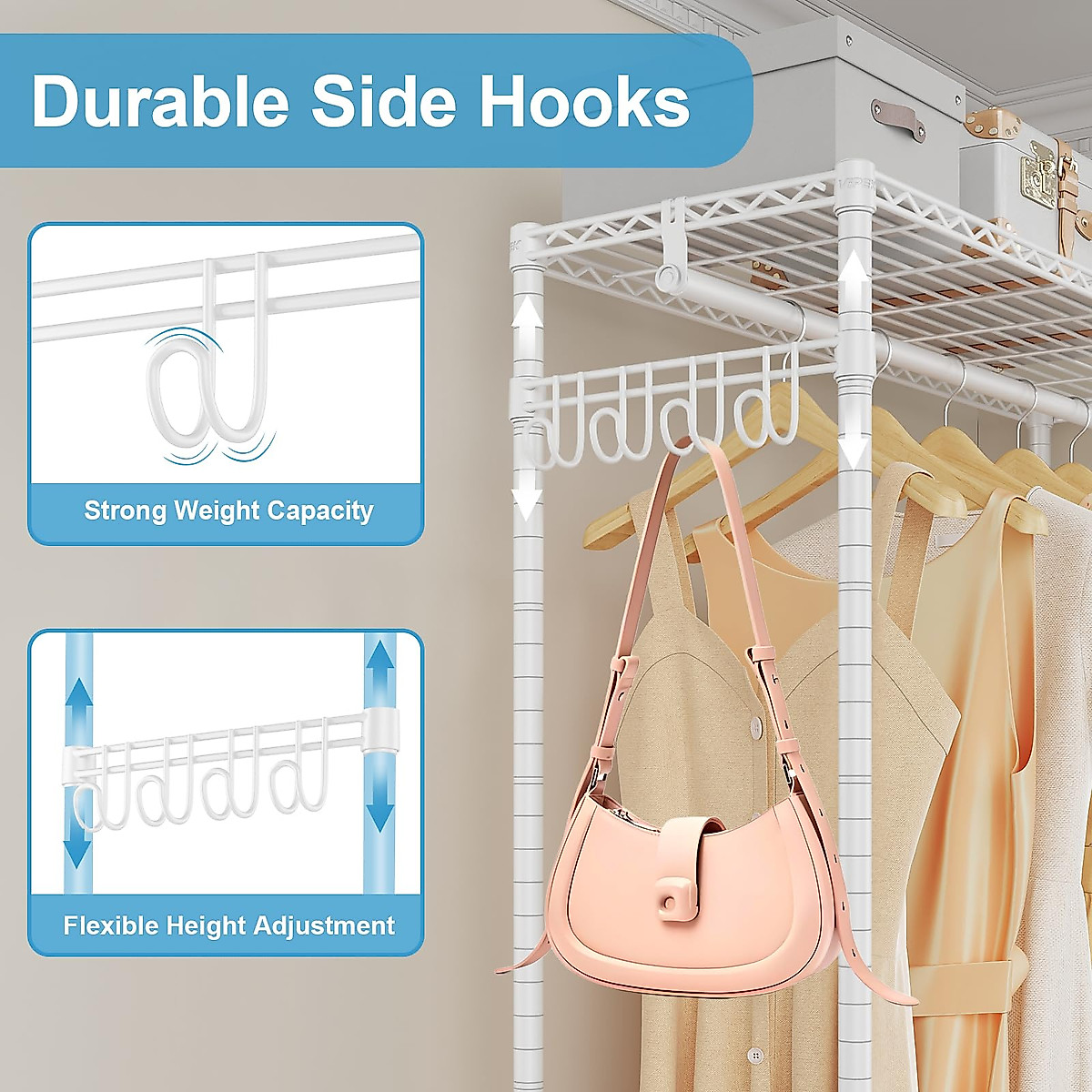 VIPEK L4S Garment Rack L Shaped Clothes Rack for Corner, Freestanding Portable Wardrobe Closet Heavy Duty Clothing Rack with 3 Hanging Rods & 2 Side Hooks, 43.3"Lx29.1"Wx76.4"H, Max Load 810LBS, White