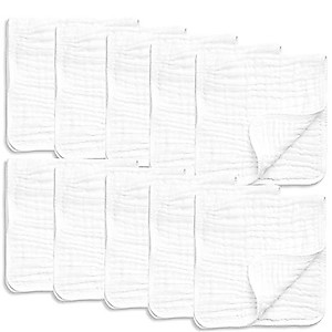 AllSett Health 10 Pack Muslin Burp Cloths Large 20" by 10" 100% Cotton, Hand Wash Cloth 6 Layers Extra Absorbent and Soft White