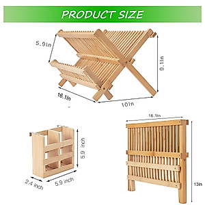 NOVAYEAH Bamboo Dish Drying Rack-2 Tier, Collapsible Small Dish Rack with Utensil Holder, Wooden Drying Rack for Kitchen Counter, Apartment Essentials Kitchen Plate Holder, Kitchen Organization