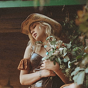 La Vogue Straw Cowboy Hat Bend Brim Fedora Hat Faux Turquoise Belt Brown