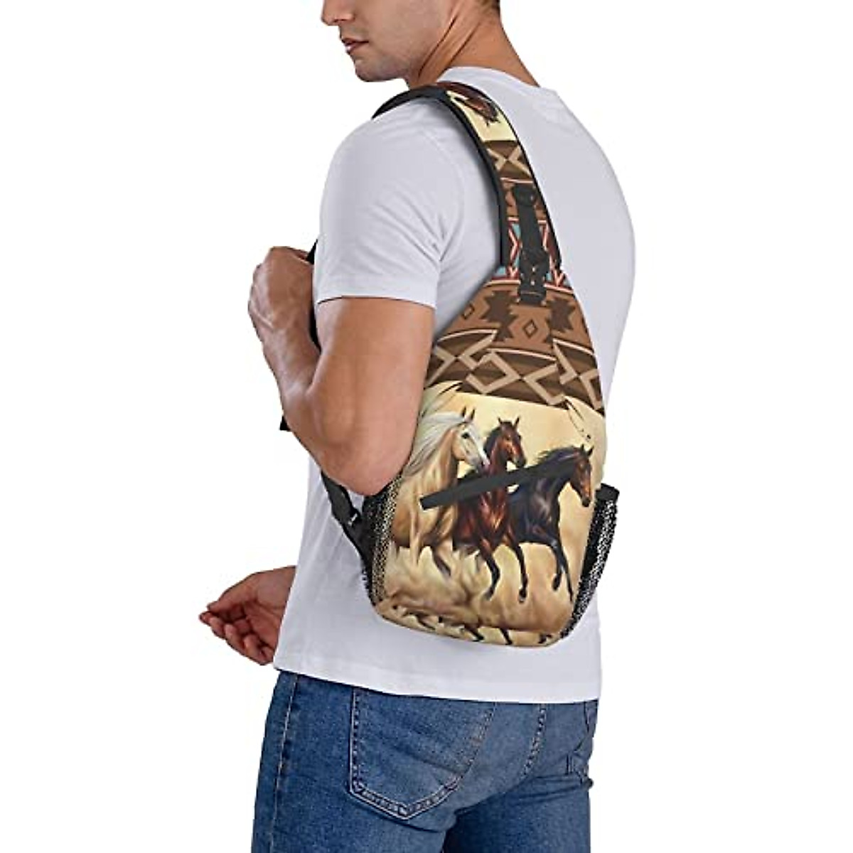 Horse Pattern Sling Bag Crossbody Backpack,Aztec Boho Ethnic Style Western Horse Chest Bag Three Horses Run In Desert Sandstorm Adjustable Shoulder Backpack Travel Hiking Casual Daypack For Men Women