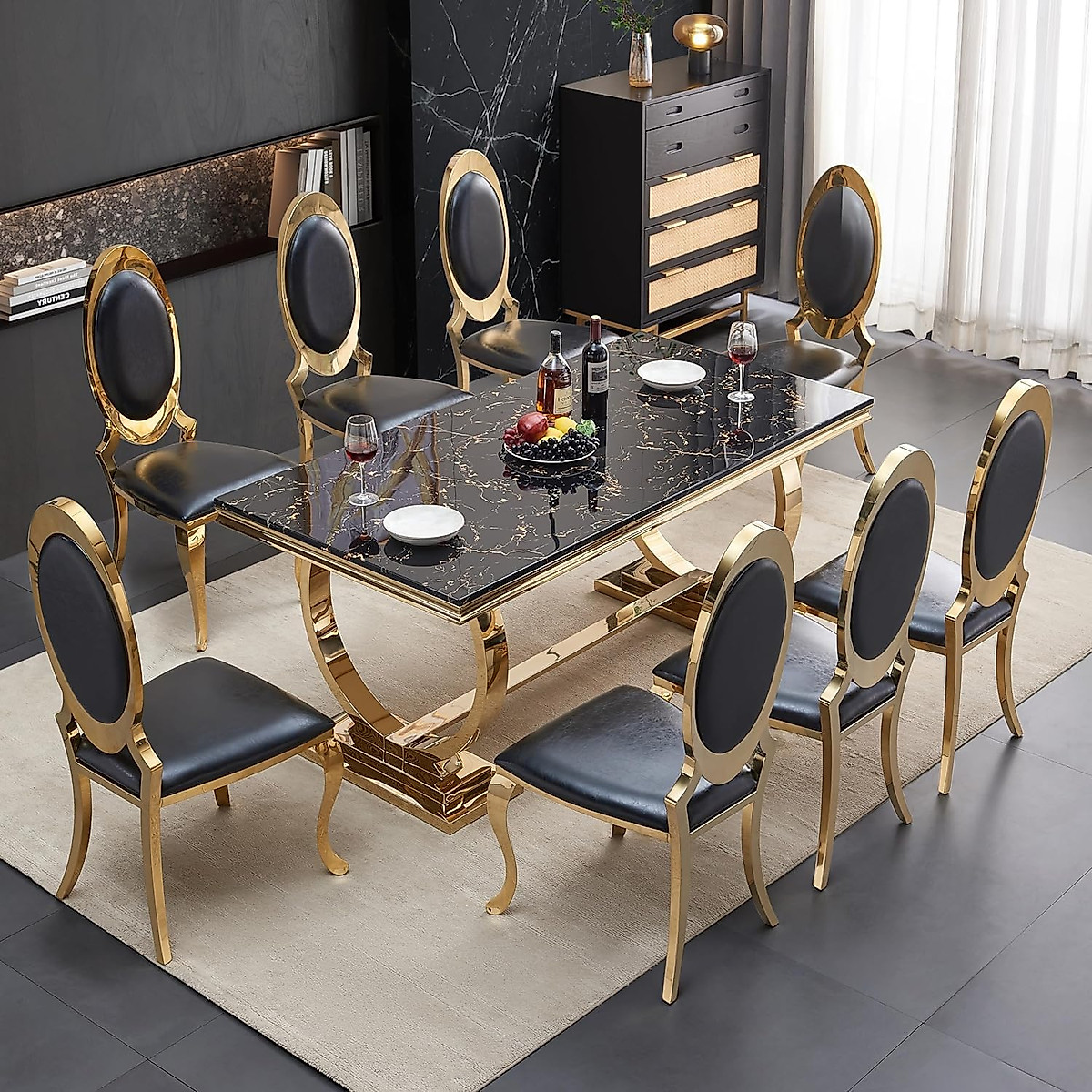 Kootlena 70" Modern Marble Dining Table, Luxury Gold Rectangular Kitchen Table for 6-8, Mid-Century White Faux Marble Dining Room Table with Mirrored Stainless Steel Pedestal Base for 6