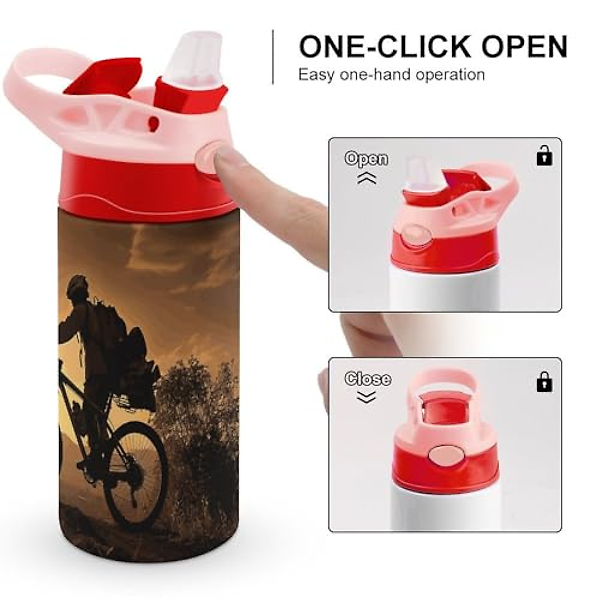Stainless Steel Water Bottles Mountain Bike in The Evening Travel Water Cups with Handle And Silicone Straw Drinking Cup with Leak Proof Lid Thermo Travel Mug for Women Men