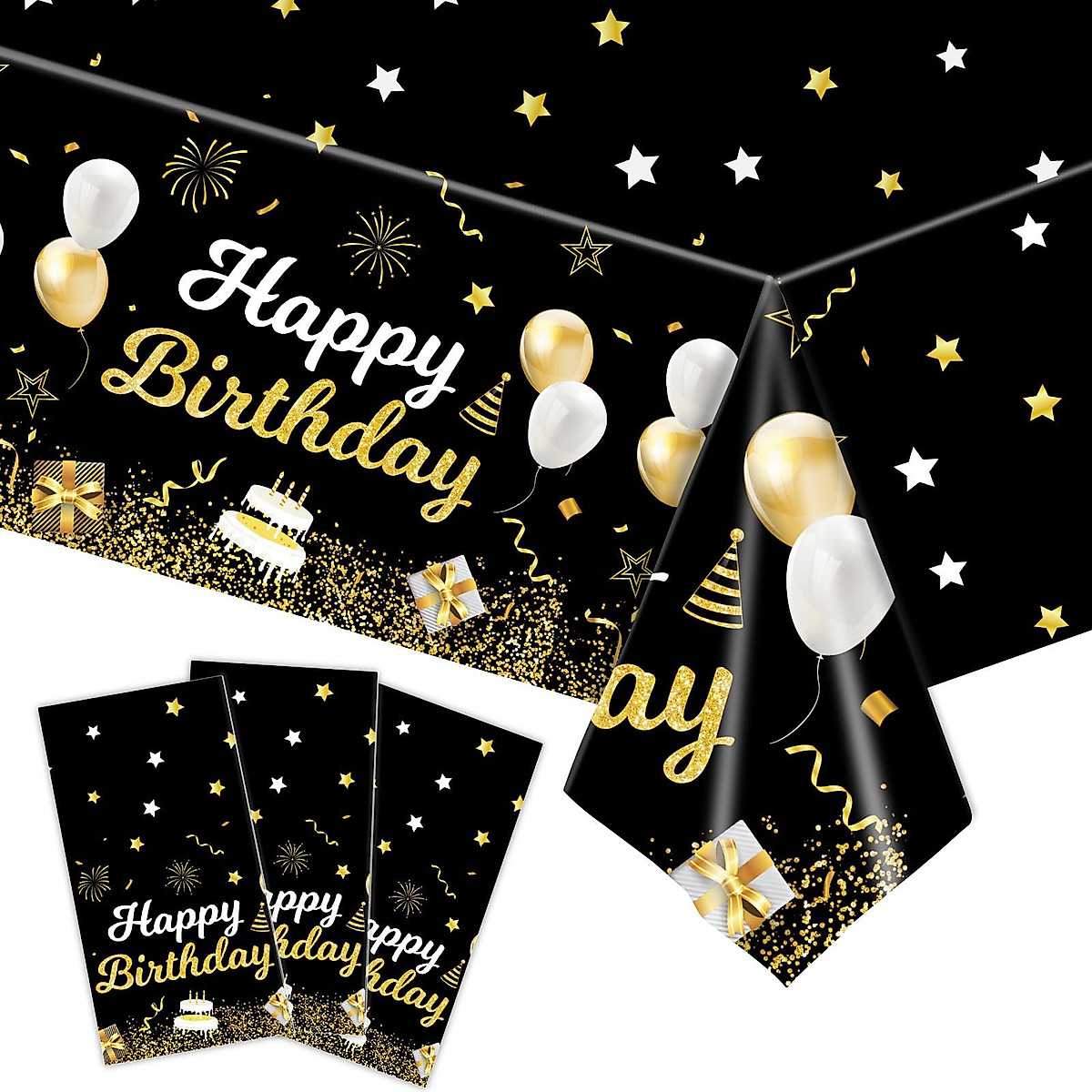 MRJ 3 Pack Gold and Black Happy Birthday Tablecloths 54"x108" Star Birthday Table Cover for Kids Boys Girls Baby Shower