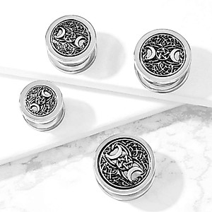 Pierced Owl Antique Silver Plated Stainless Steel Crescent Moons and Star Centered Screw Fit Plug Gauges, Sold As Pair (10mm (00GA))
