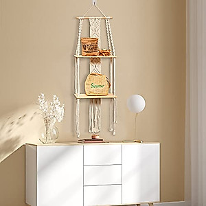 Macrame Wall Hanging Shelf, 2 Tier Boho Wall Shelves with Handmade Woven Rope, White Hanging Wall Shelf Bedroom Decor Wooden Hanging Storage Floating Shelves for Kitchen Living Room