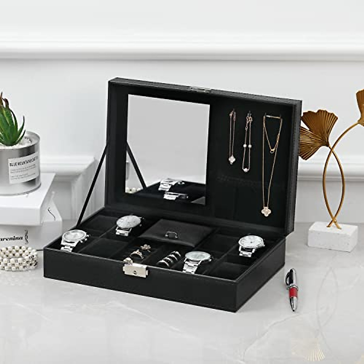 BASTUO Jewelry Box 8 Watch Display Case Organizer Jewelry Trey Storage Box PU Leather with Mirror and Lock， Black with Black Lining