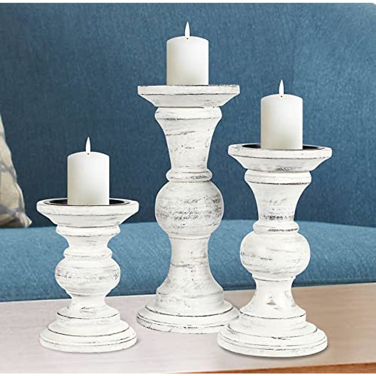 Candle Stands Wooden for Pillar Candles,Rounded Turned Colums, Sustainable Woods, Country Style, Ideal for Reiki, Aromatherapy, Votive Candle Gardens Home décor - 10,8,6 Inch Set of 3 - Antique White