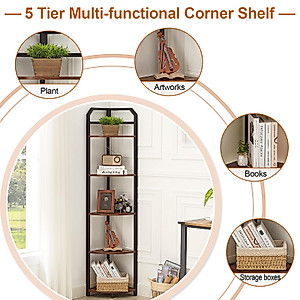MNEETRUNG Corner Shelf, 5-Tier Industrial Corner Bookshelf, Freestanding Corner Shelf Stand with Metal Frame, Open Corner Plant Stand for Small Space, Home Office, Living Room, Bedroom, Brown