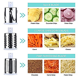 3rd Generation Rotary Cheese Grater, Mandoline Vegetable Slicer with 3 Replacement Blades, Easy to Clean Rotary Shredder for Fruit, Vegetables