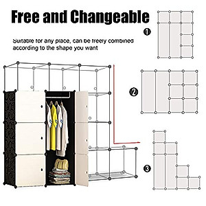 DWLOMHE Portable Cabinets Storage, Plastic Storage Shelf 16 Cubes Organizer DIY Furniture,Storage Organizer with Doors,with 3 Clothes Rails